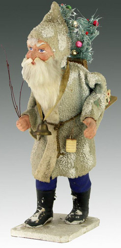 Santa Claus; Santa Figure, Gray Wooly Robe, Pack & Feather Tree, 14 inch.