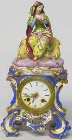 Mantel Clock; French, Figure with Dove, Rococo Revival Base, 14 inch.