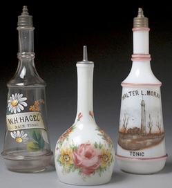 Barber Bottle (3); Clear & Milk, Enameled, Paint Decorated.