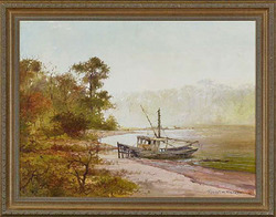 Rucker, Robert M; Oil on Canvas Painting, signed, Moored Shrimp Boat.