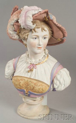 Bisque Porcelain; European, Bust of Lady, Feathered Hat. 23 inch.