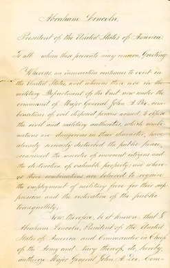 Document Signed; Lincoln (Abraham), 1863, Suspension of Habeas Corpus ...