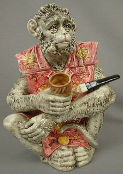 Majolica Pottery; Humidor, Monkey Smoking Pipe, 12 inch.