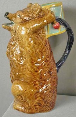 Majolica Pottery; Holdcroft, Figure, Pitcher, Bear with Drum, 9 inch.