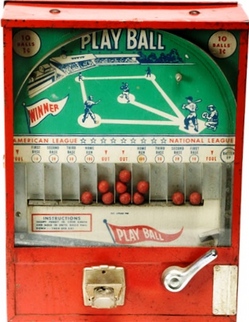 Pinball; Play Ball Baseball, 10 Slots/Balls, Wall Mount, Penny, 16 inch.