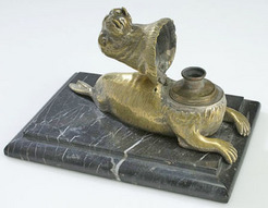 Inkwell; Austrian, Brass, Figural Walrus, Hinged Head, Marble Plinth, 8 ...