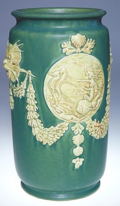 Weller Pottery; Athens, Vase, Seahorses & Nymphs, Matte Green, 10 inch.