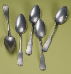 Pewter-Flatware; Spoons (5), Fiddle Back, 8 inch.