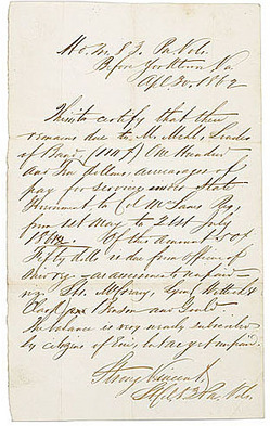 Autograph Letter Signed; Vincent (Strong), 1863, Regarding Back Pay Due ...
