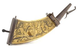 Powder Flask; German, Wood, Iron Mounts, Engraved Medieval Warriors ...