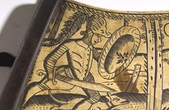 Powder Flask; German, Wood, Iron Mounts, Engraved Medieval Warriors ...