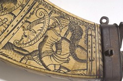 Powder Flask; German, Wood, Iron Mounts, Engraved Medieval Warriors ...