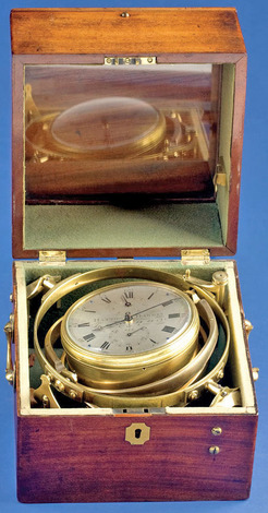 Ship's Clock; Hatton & Harris, Chronometer, 8-Day, Mahogany 3-Tier Case.