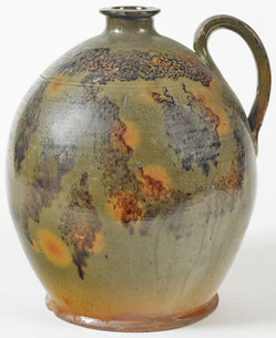 Redware; Gonic, Jug, Bulbous, Olive Green & Manganese, 11 inch.