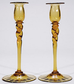 Candlestick (2); Steuben Glass, Amber, Half Twist Stem, 10 inch.