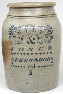 Stoneware; Hamilton & Jones, Crock, Cobalt Stenciled Decoration, 10 inch.