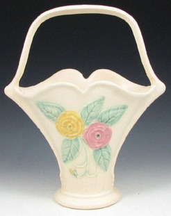 Hull Pottery; Open Rose, Basket, White, 10 inch.