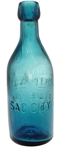 Soda Bottle; Owen Casey Eagle Soda Works Sac City, Sacramento, Steel Blue.