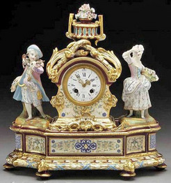 Mantel Clock; Paris Porcelain, Court Figures, Fournier (S) Dial, 17 inch.