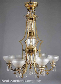 Chandelier; American, Gasolier, Mitchell, Vance & Co?, 6 Lights, Gilt ...