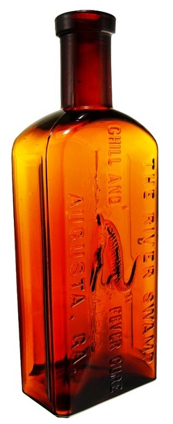 Medicine Bottle; River Swamp Chill & Fever Cure, Augusta, Amber, 7 inch.