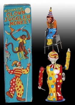 Wind Up Toy; Toplay, Clown Juggler & Monkey, Lithographed Tin, Original ...