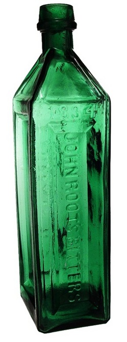 Bitters Bottle; John Root's Buffalo NY 1834, Semi-Cabin, Emerald Green.