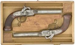 Pistol (2); Beringer (B), Pinfire Percussion, Engraved, Case, 65 Caliber.