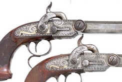 Pistol (2); Beringer (B), Pinfire Percussion, Engraved, Case, 65 Caliber.