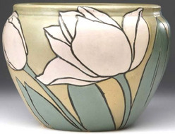 Weller Pottery; Ferrell (Frank), Etched Matte, Jardiniere, Tulips, 11 inch.