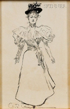 Gibson, Charles Dana; Pen & Ink Drawing, monogrammed, Gibson Girl, 6 inch.