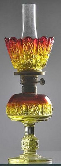 Oil Lamp; Miniature, Daisy & Button, Amberina Glass, Pressed, 9 inch.