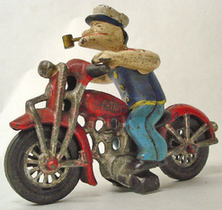 Cast Iron Toy; Motorcycle, Popeye Patrol, Reproduction.