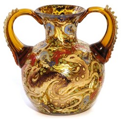 Moser Glass; Vase, Royo, Deer, Sawtooth Handles, 7 inch.