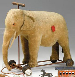 Ride-On; Steiff, Elephant, Mohair, Iron Frame, Disc Wheels, 19 inch.