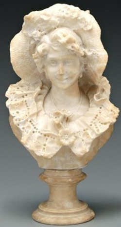 Alabaster Sculpture; European, Bust, Young Lady with Lace Hat, 20 inch.