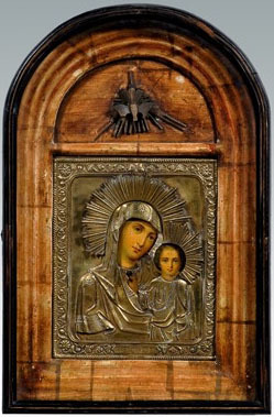 Russian School; Chromolithograph, Icon of Madonna & Child, Gilt Oklad ...