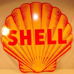 Gas Station; Sign, Shell, Clamshell Form, Porcelain, Yellow Ground, 4 ft.