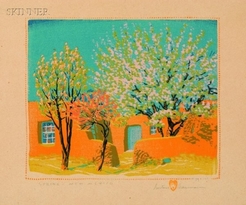 Baumann, Gustave; Woodcut, signed, Spring-New Mexico, An Orange House ...