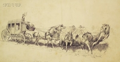 Loechel, William; Drawing, signed, Stagecoach Robbery, True West ...