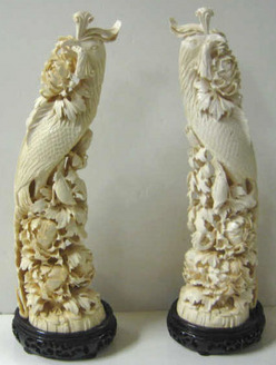 Carving (2); Asian, Ivory, Figures, Phoenix, Perched on Chrysanthemum ...
