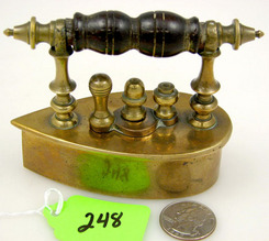 Iron-Box; Scotland, Teardrop, Brass, Turned Wood Handle, 4 inch.