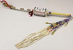 Ceremonial; Sioux, Rattle, Beaded Hide, Tin Cones & Horsehair, 40 inch.
