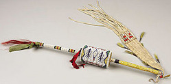 Ceremonial; Sioux, Rattle, Beaded Hide, Tin Cones & Horsehair, 40 inch.