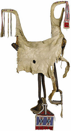 Saddle; Crow, Wood & Hide, Beaded Drops, Stirrups.