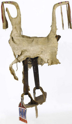 Saddle; Crow, Wood & Hide, Beaded Drops, Stirrups.