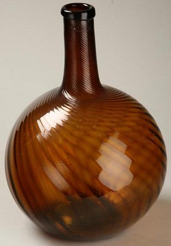 Pattern Molded Glass; Bottle, Globular, Zanesville, 30 Swirled Ribs ...