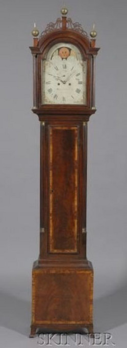 Tall Case Clock; Massachusetts, Federal, Willard (Aaron Jr), Mahogany, Arched Bonnet, Fretwork ...