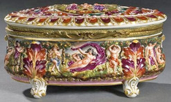 Capodimonte Porcelain; Dresser Box, Three Muses, Hinged Lid, 9 inch.