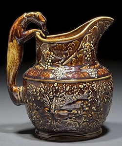 Bennington Pottery; Rockingham, Pitcher, Hound Handle, 10 inch.